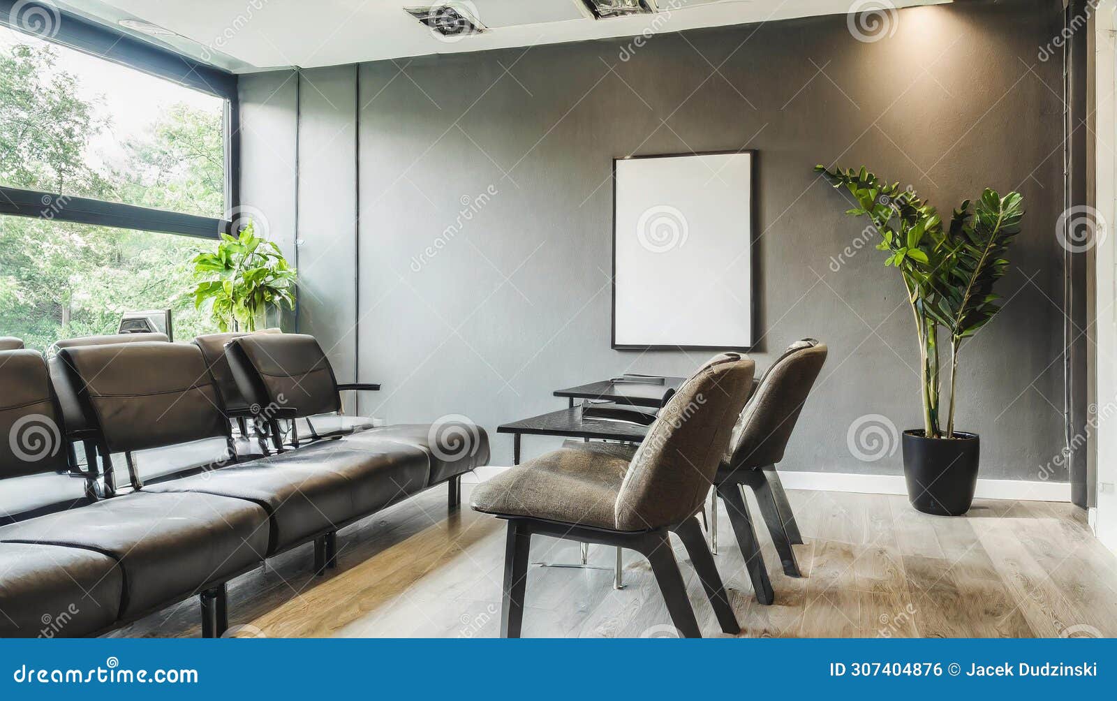 Dark Waiting Room Interior with Two Armchairs and Panoramic Window ...