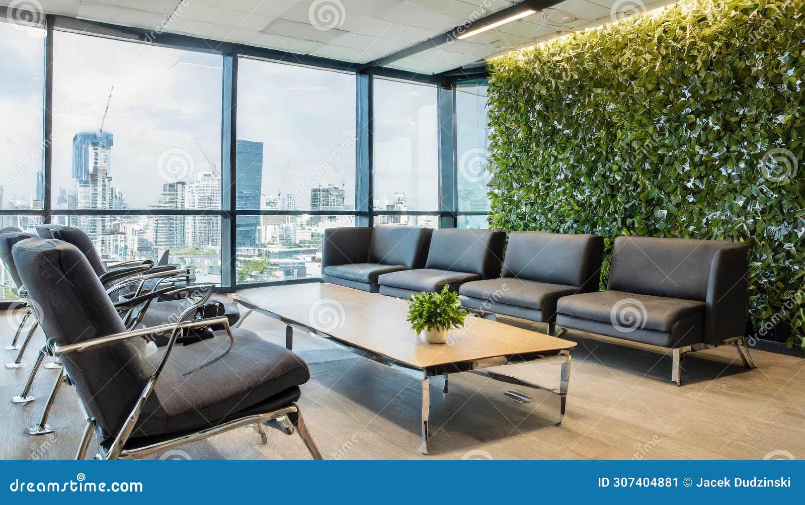 Dark Waiting Room Interior with Two Armchairs and Panoramic Window ...