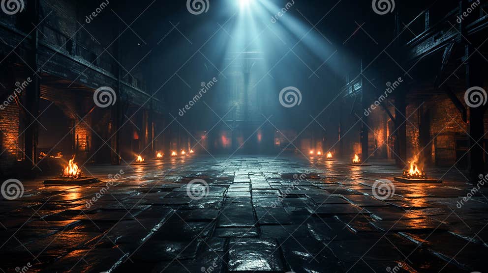 Dark Warehouse Empty and Spooky Illuminated by Bright Futuristic Stock ...