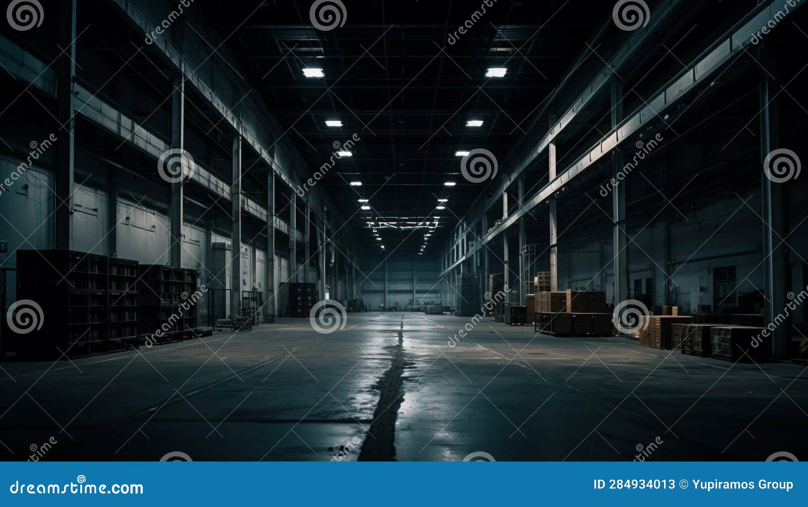 Dark Warehouse, Empty and Spooky, Illuminated by Bright Futuristic ...