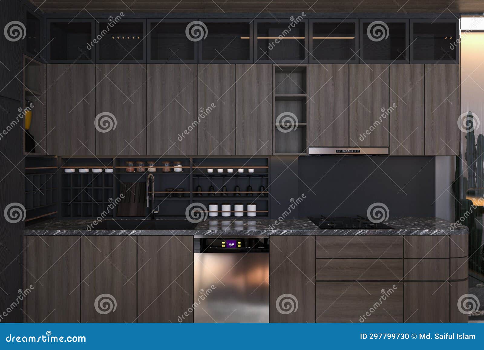 Dark Wooden Cabinet with Utensils and Kitchen Counter in the Open ...