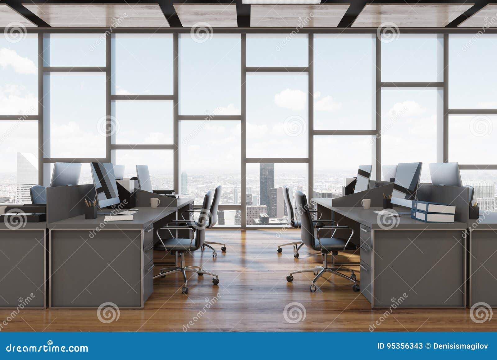 Dark Wooden Floor Open Space Office, Front Stock Illustration ...