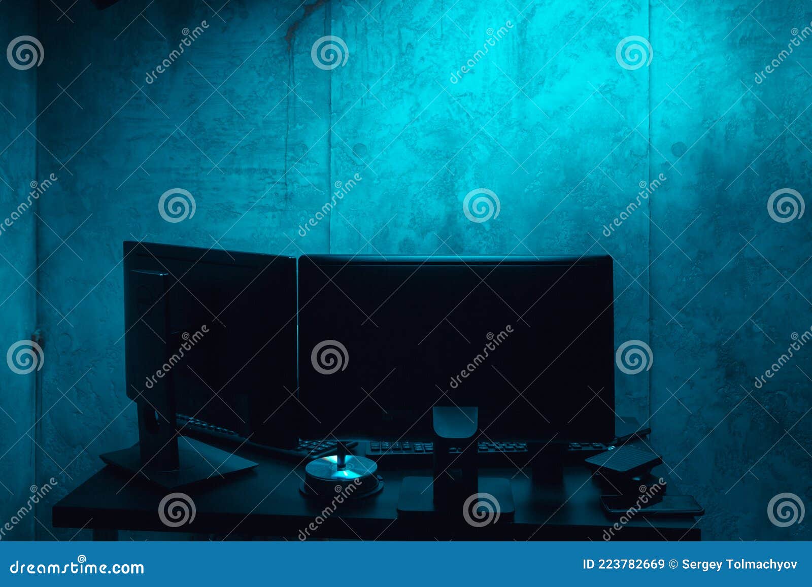 Dark Working Place of a Programmer or Hacker with Computer Stock Image ...