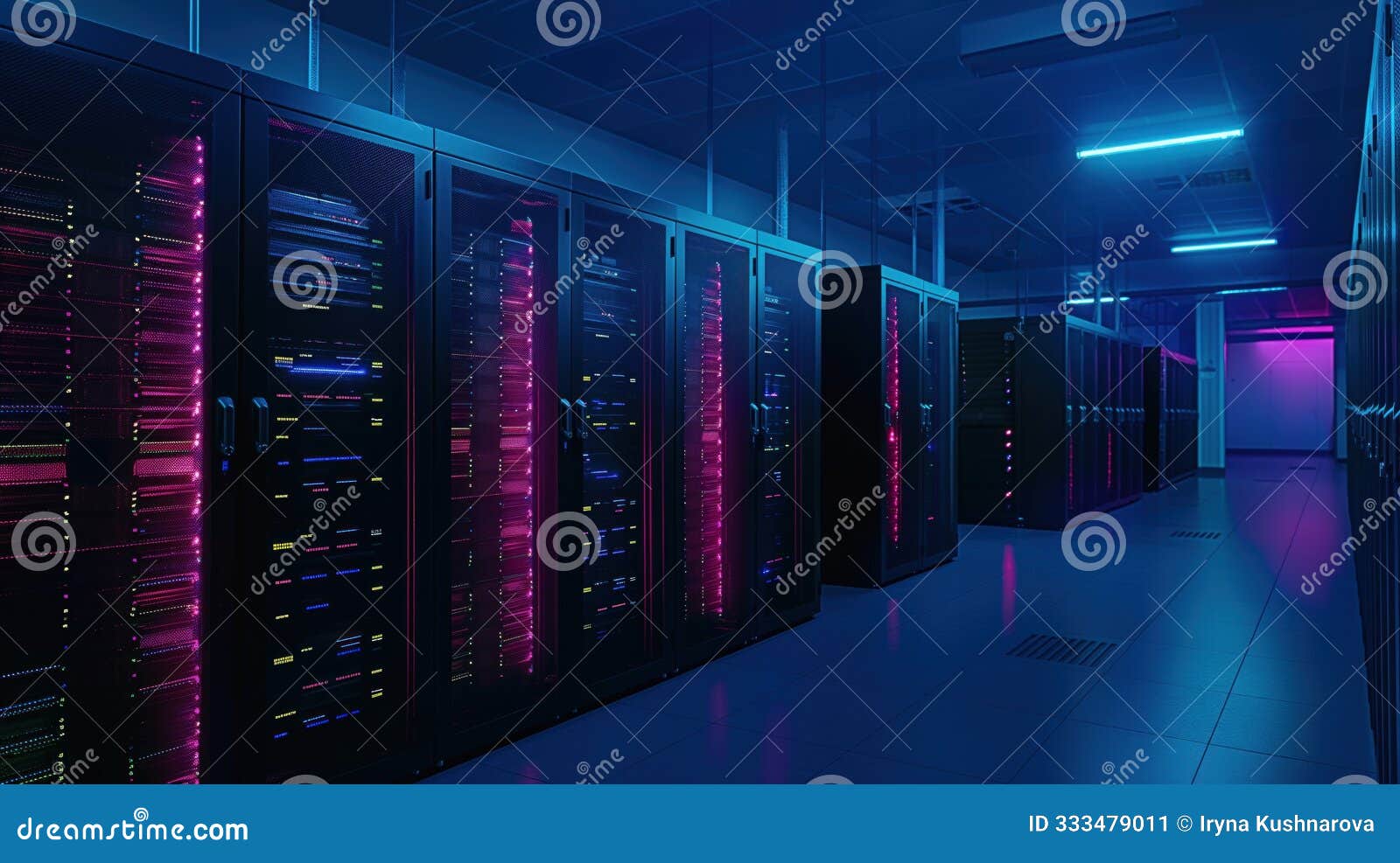 Darkened Data Center Interior with Rows of Operational Server Racks ...