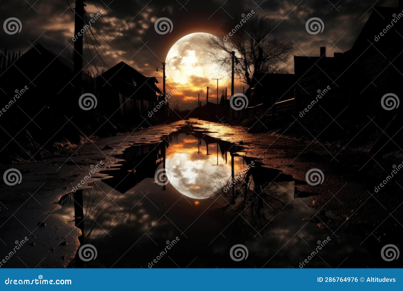 Darkened Sky Over Eclipse Reflection in Puddle Stock Photo - Image of ...