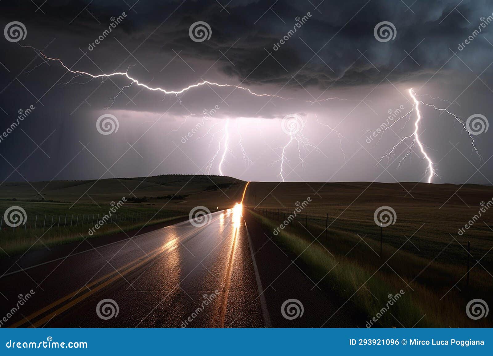 Stormy Road: Illuminated by Thunderous Lightning Stock Illustration ...