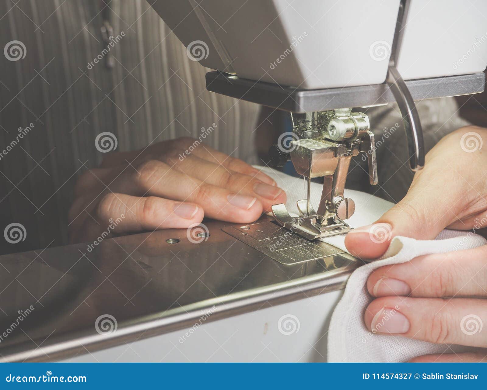Darning Jeans on a Sewing Machine. Stock Image - Image of batting ...