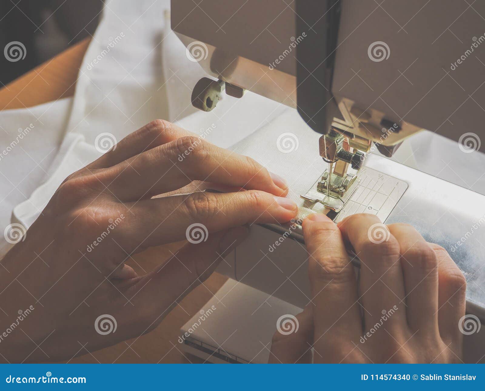 Darning Jeans on a Sewing Machine. Stock Photo - Image of batting ...
