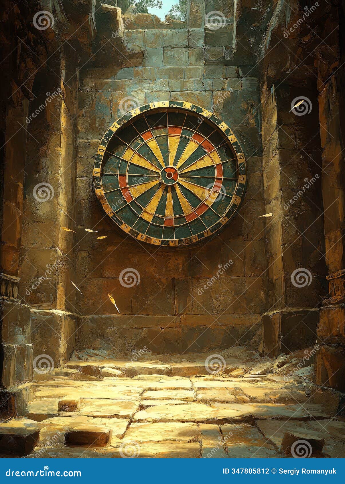 Dart Board Embedded in Ancient Ruins with Darts Thrown at it in a ...