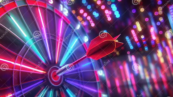 Dart Hitting Bullseye on a Neon-lit Dartboard in a Vibrant Setting ... Dart Hitting Bullseye on a Neon-lit Dartboard in a Vibrant Setting ...