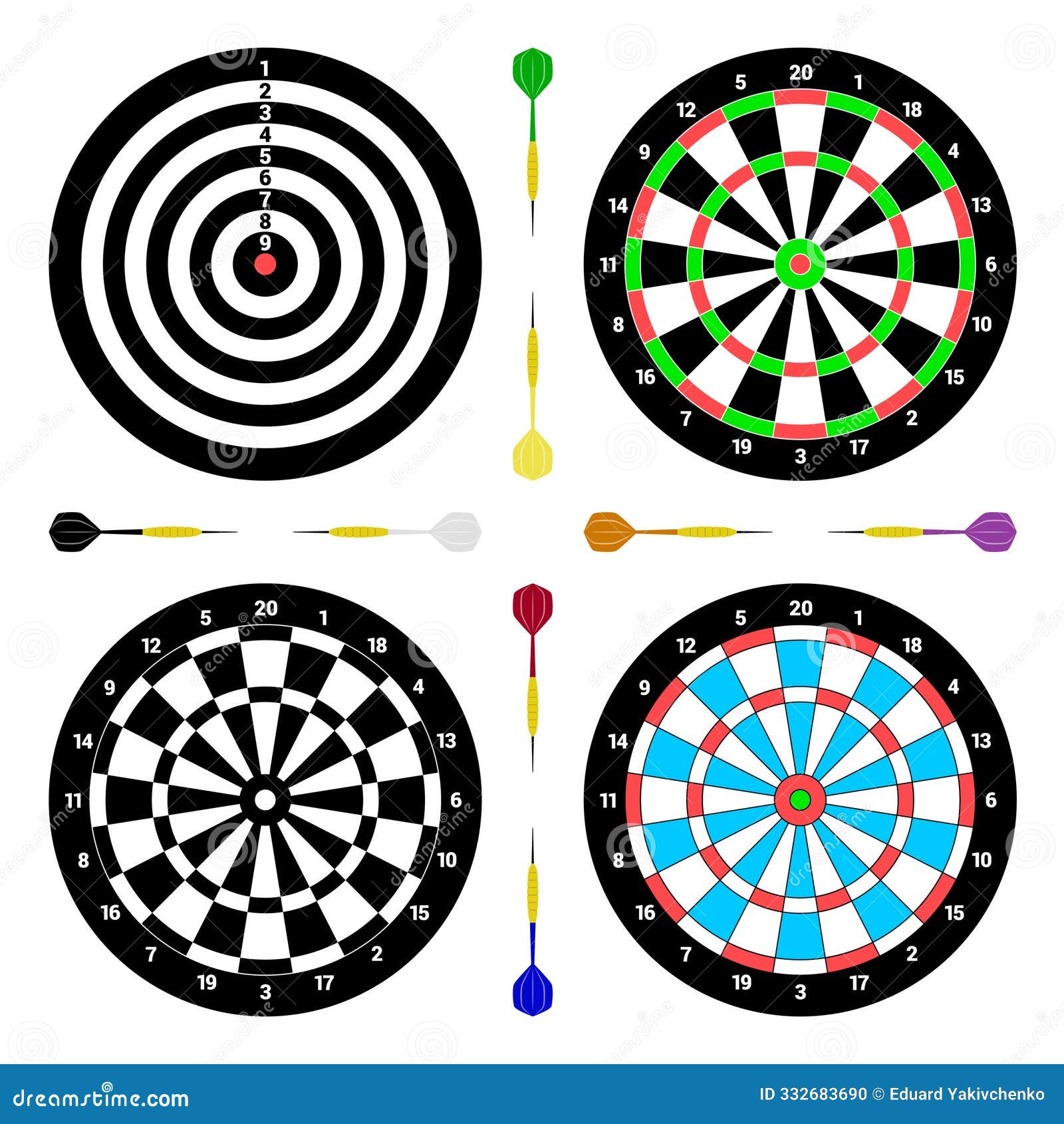 Dartboards and Colorful Darts Vector Set Stock Illustration ...