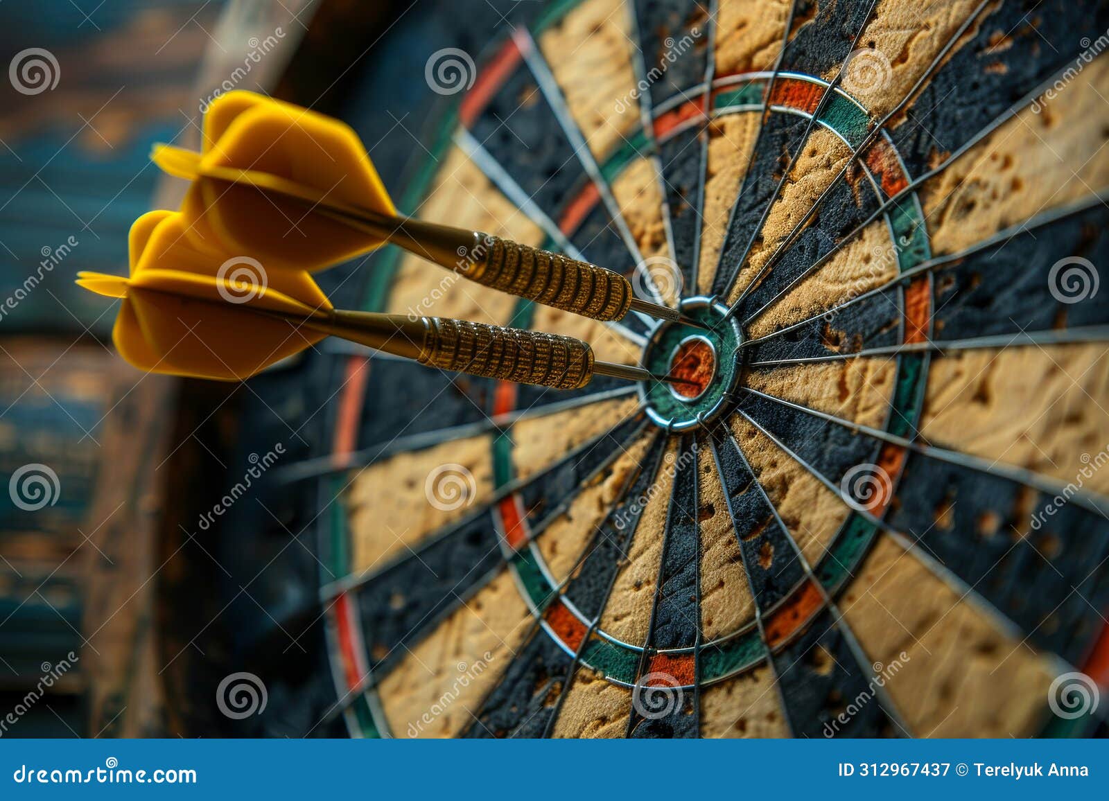 Darts in the Center of Dartboard. a Closeup of Darts in Flight Stock ...