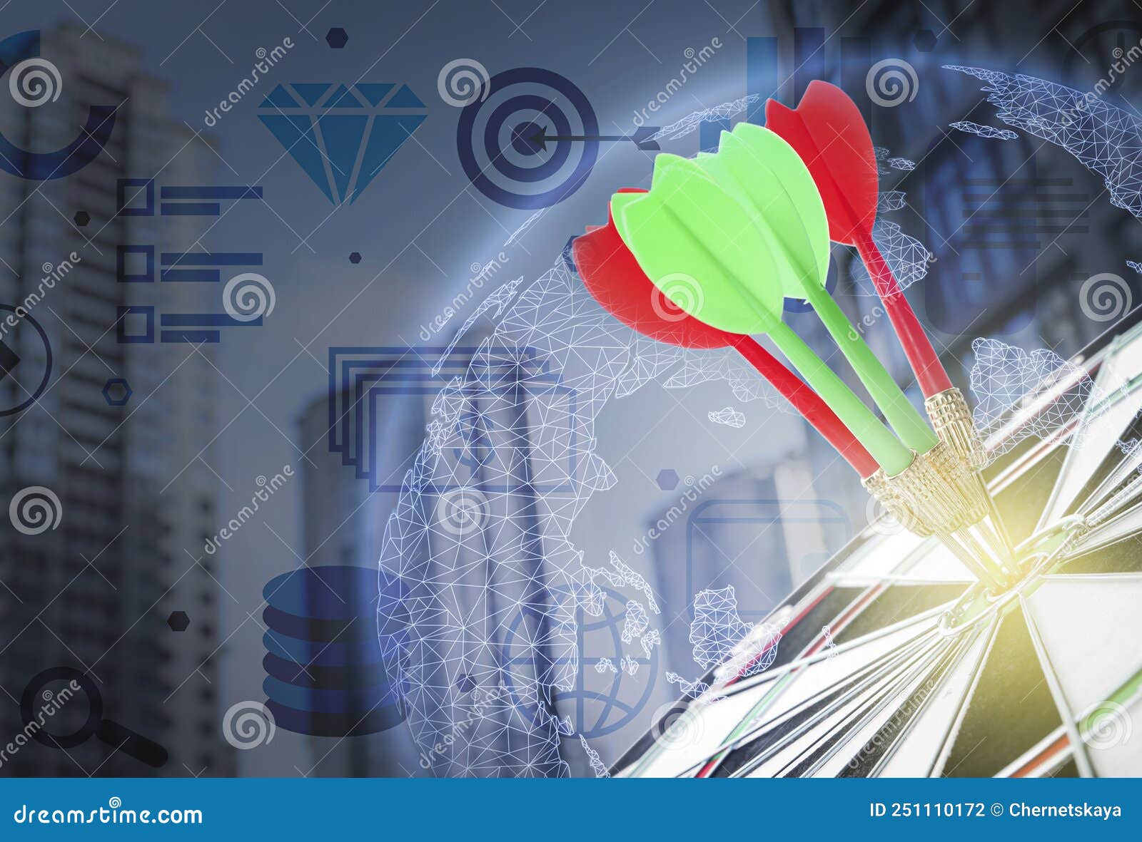 Darts Hitting Target on Board, Graph Illustration, Earth and View of ...