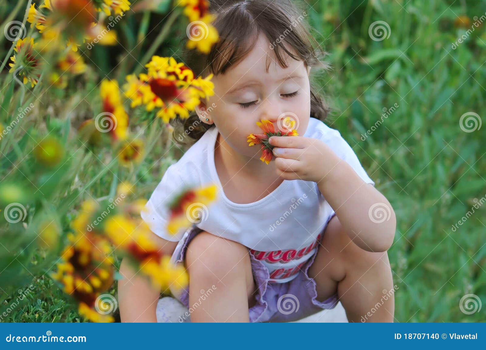 Das Kind Eine Riechende Blume Stockfoto - Bild von horizontal ...