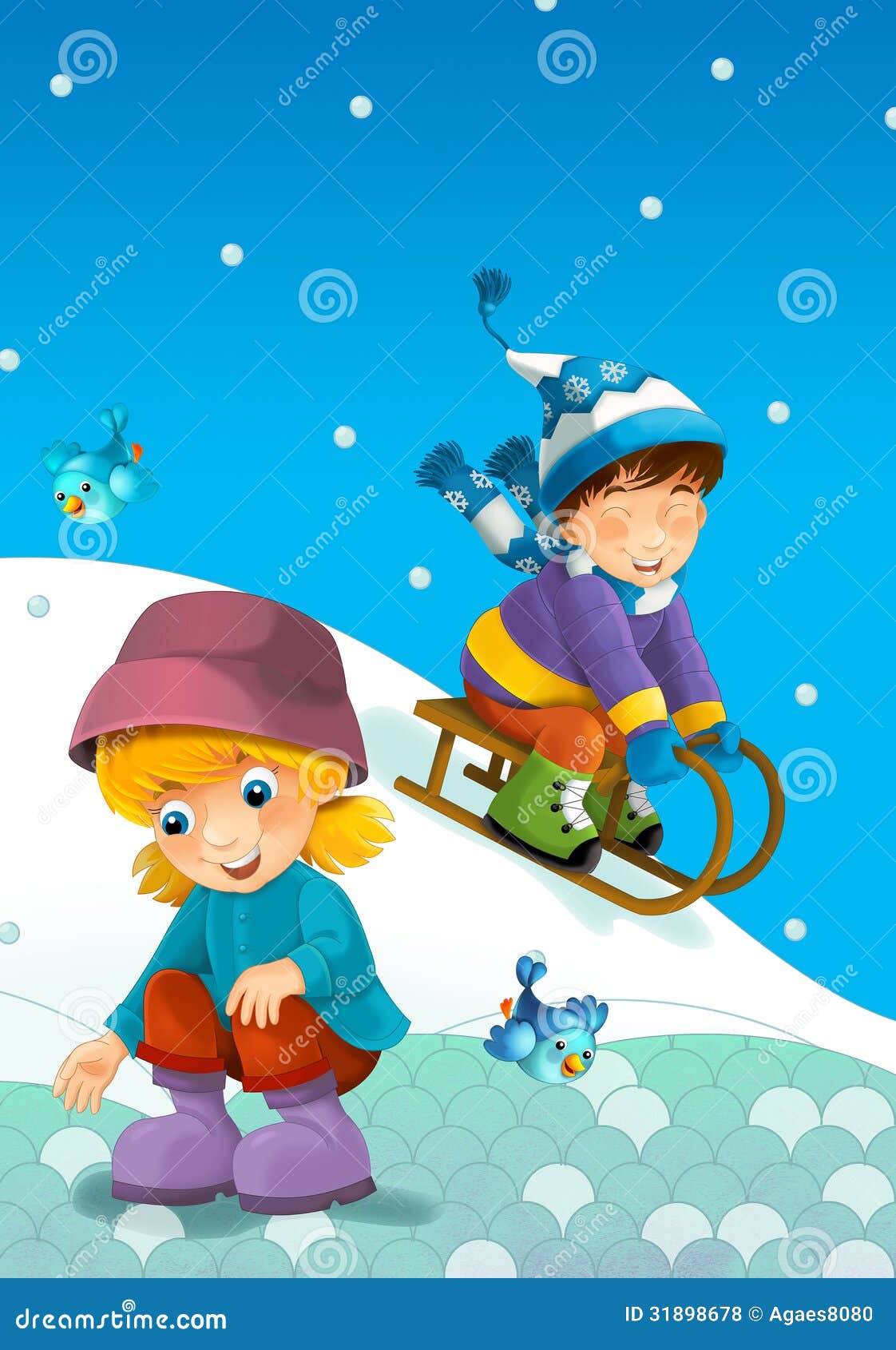 Das Kind Im Winter Auf Dem Schlitten Stock Abbildung - Illustration von ...