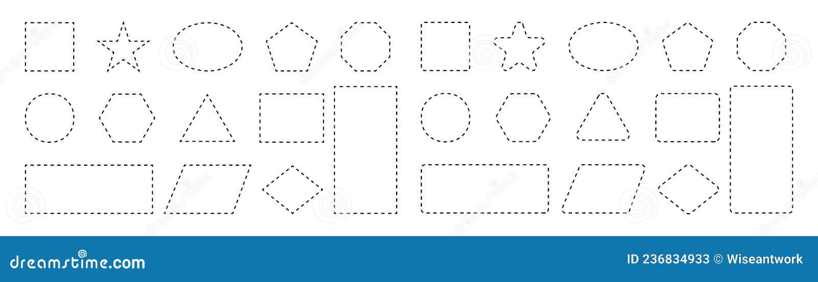 Dash Line Shapes. Dashed Outline of Circle, Square, Star, Triangle, Oval and Heart for Coupon ...