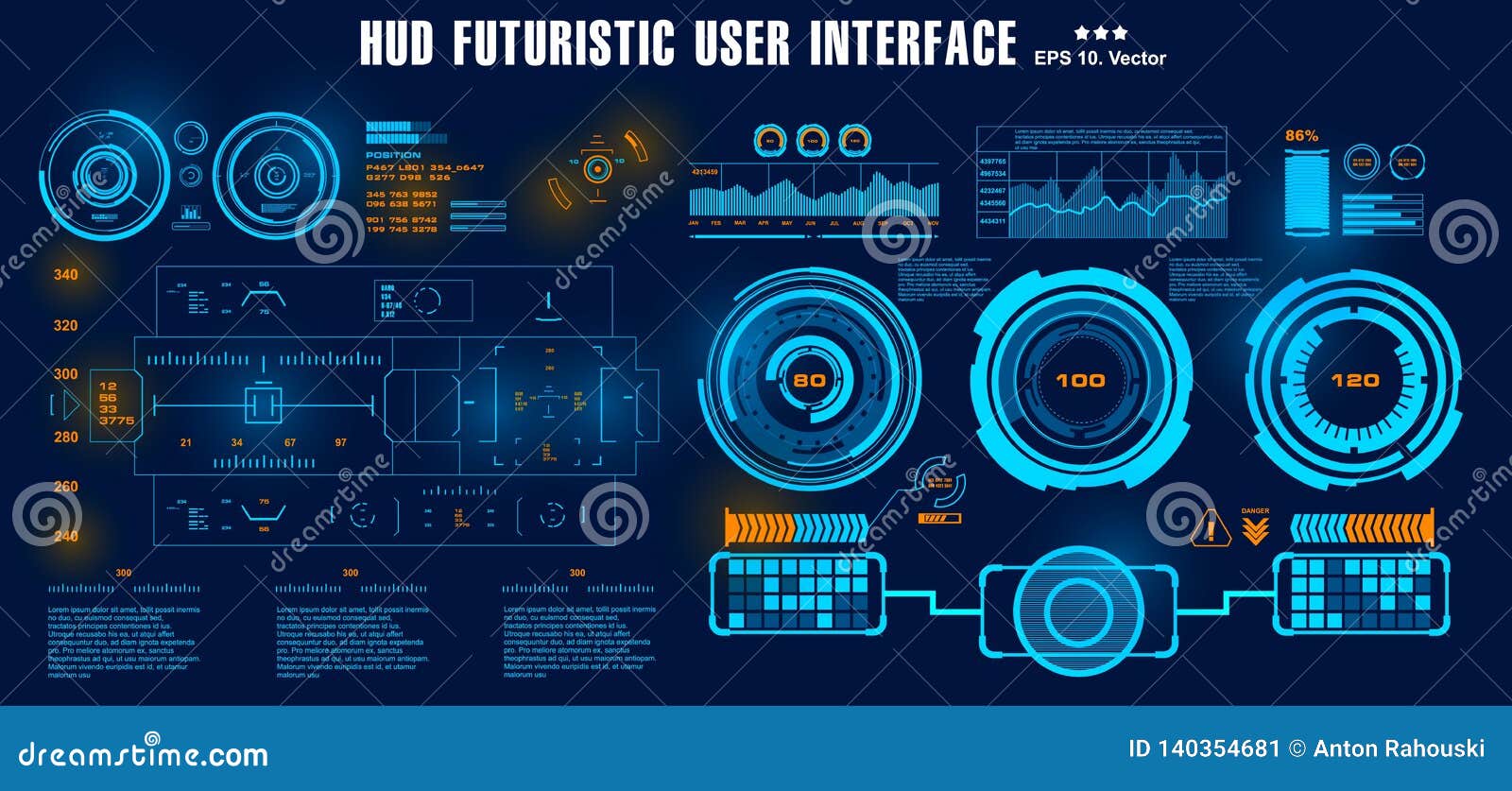 Dashboard Blue Display Virtual Reality Technology Screen. HUD Futuristic User Interface, Target ...