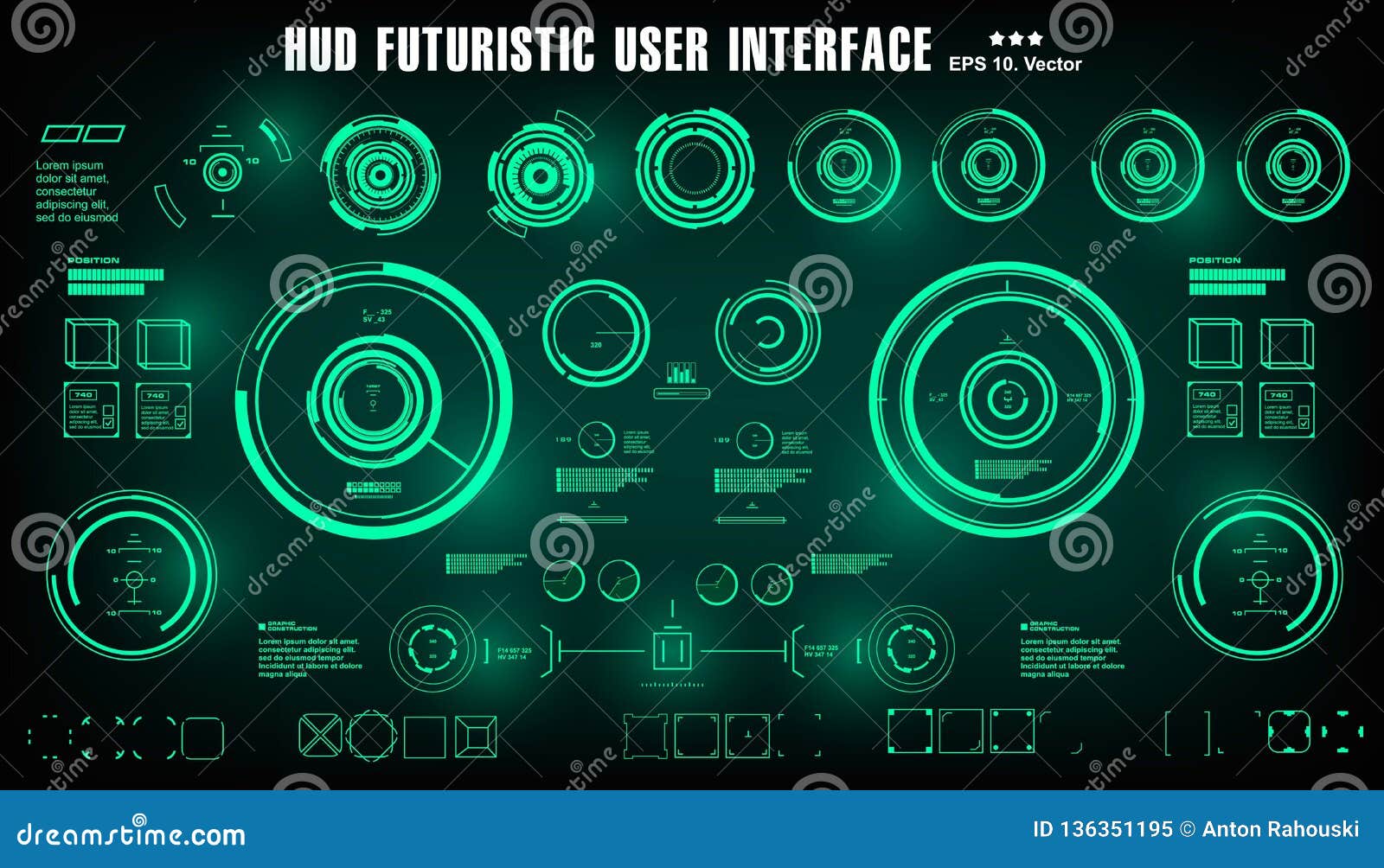 Dashboard Display Virtual Reality Technology Screen. HUD Futuristic Green User Interface, Target ...