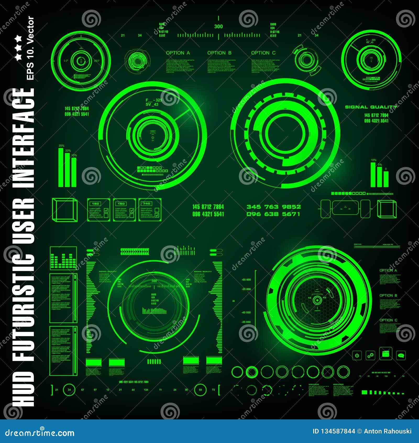 Dashboard Display Virtual Reality Technology Screen. HUD Futuristic Green User Interface, Target ...