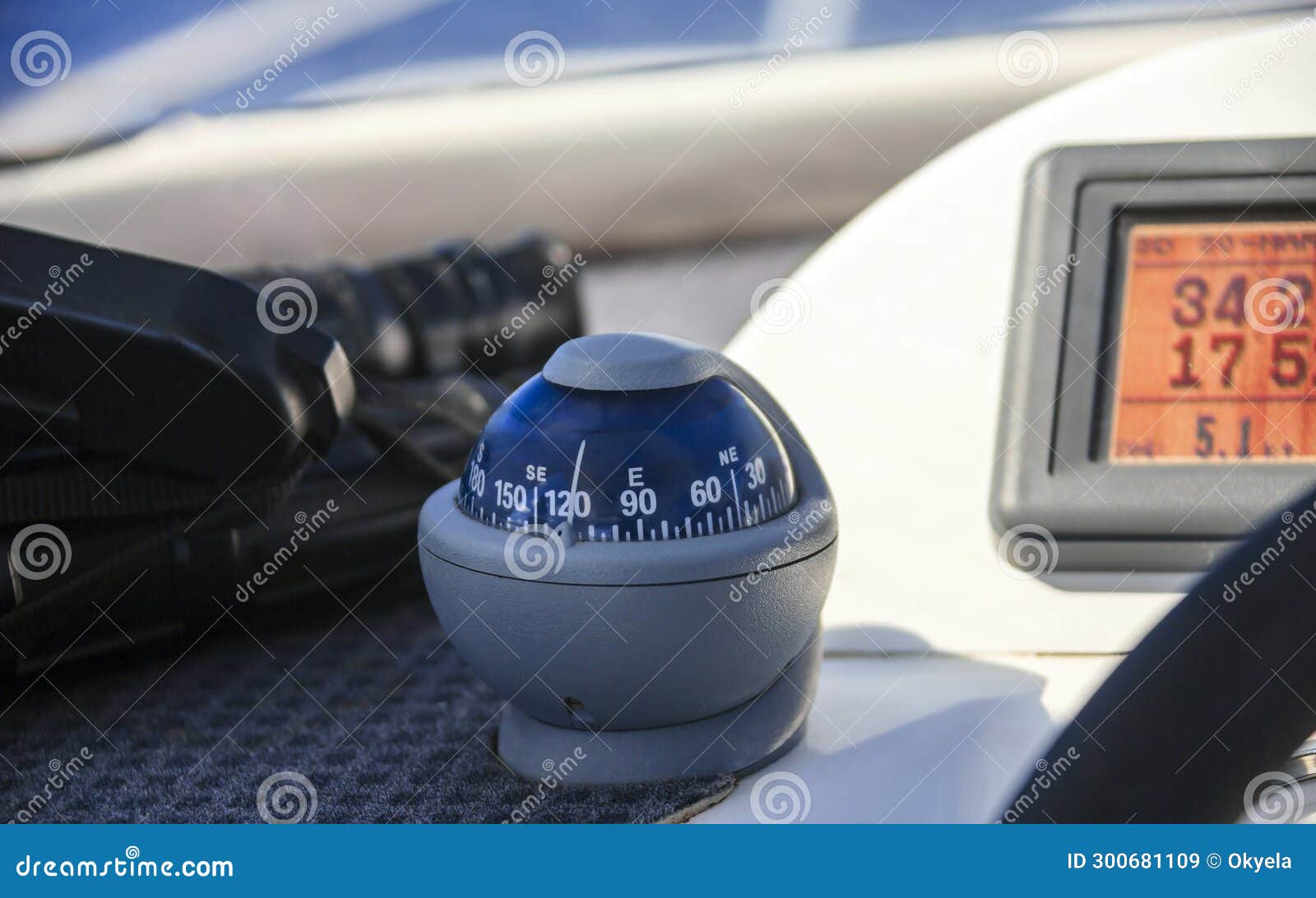 Dashboard with Nautical Compass, Navigator and Binoculars on Yacht ...