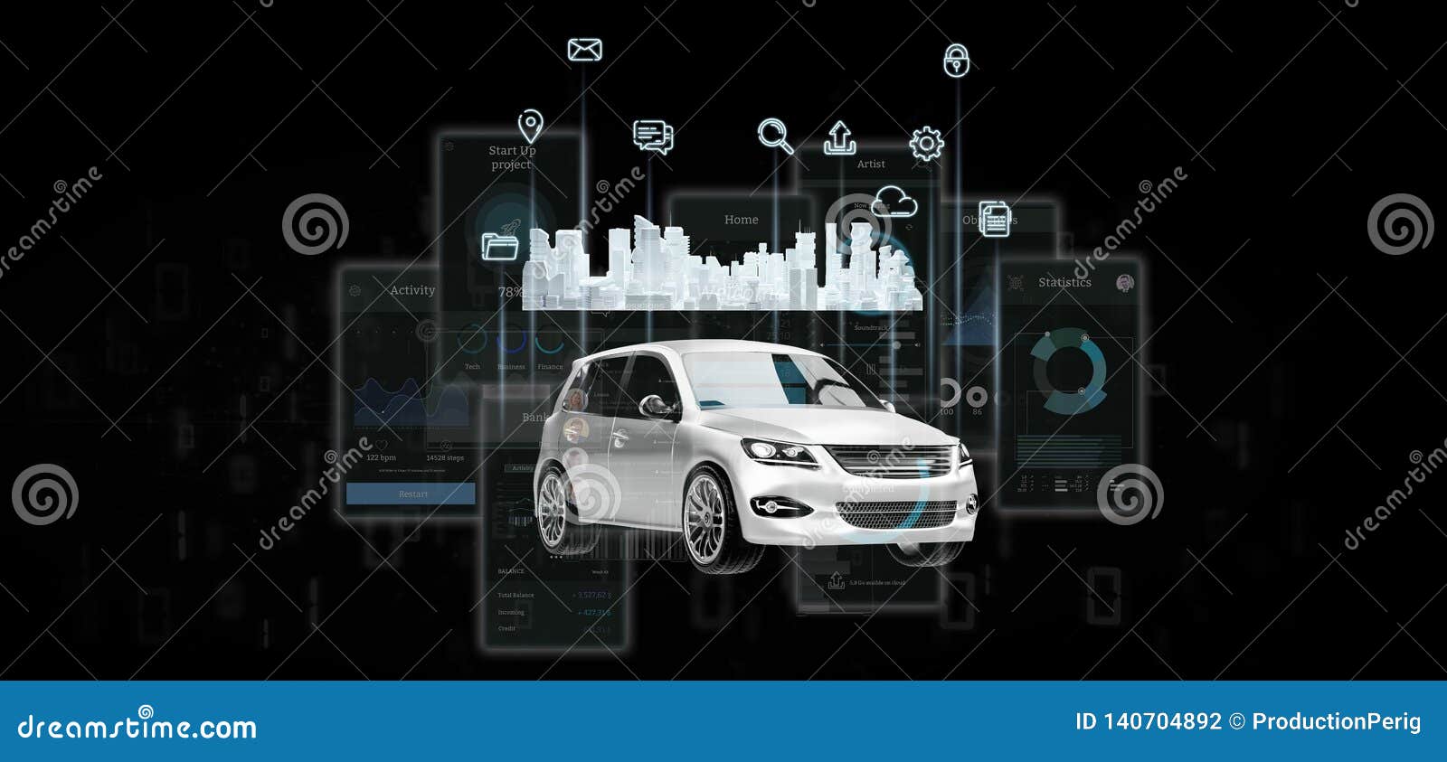 Dashboard Smartcar Interface with Multimedia Icon and City Map on a ...