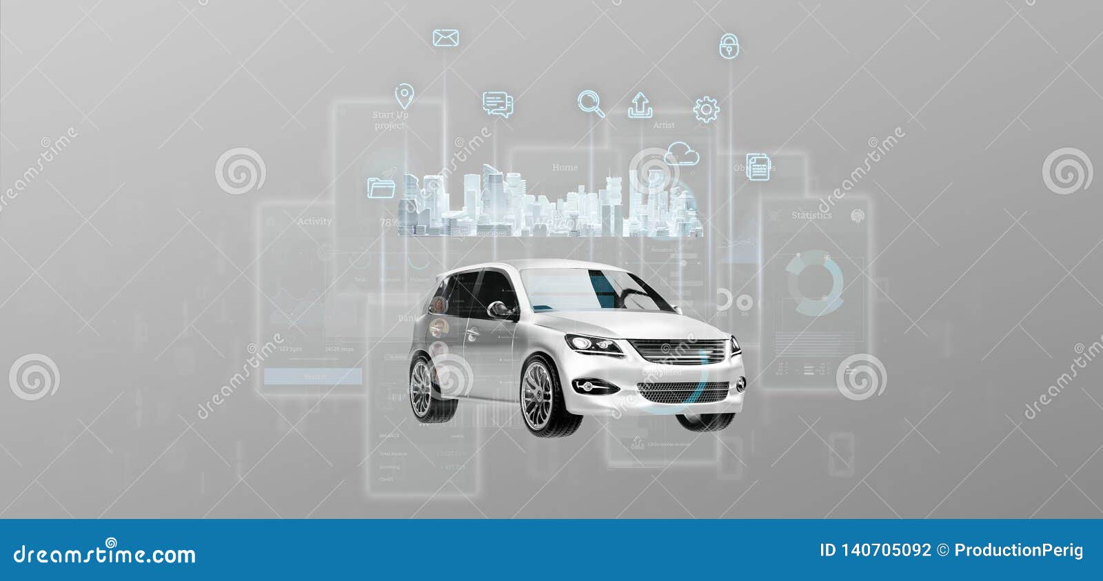 Dashboard Smartcar Interface with Multimedia Icon and City Map on a ...