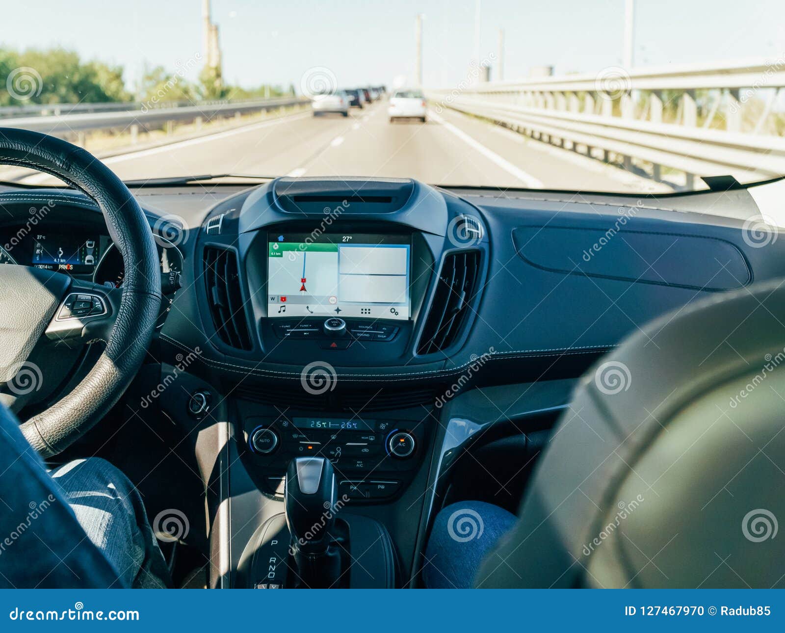 Dashboard View and GPS Map of Modern Car with Hands of Driver on ...