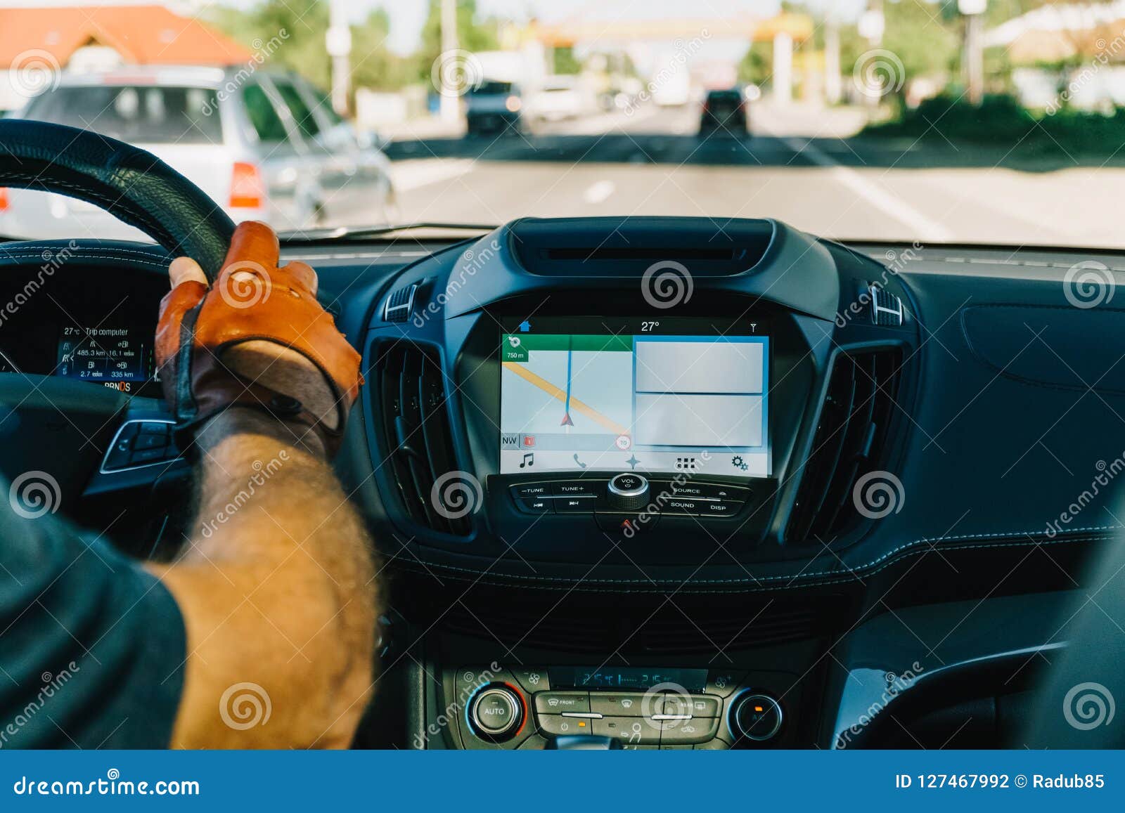 Dashboard View and GPS Map of Modern Car with Hands of Driver on ...