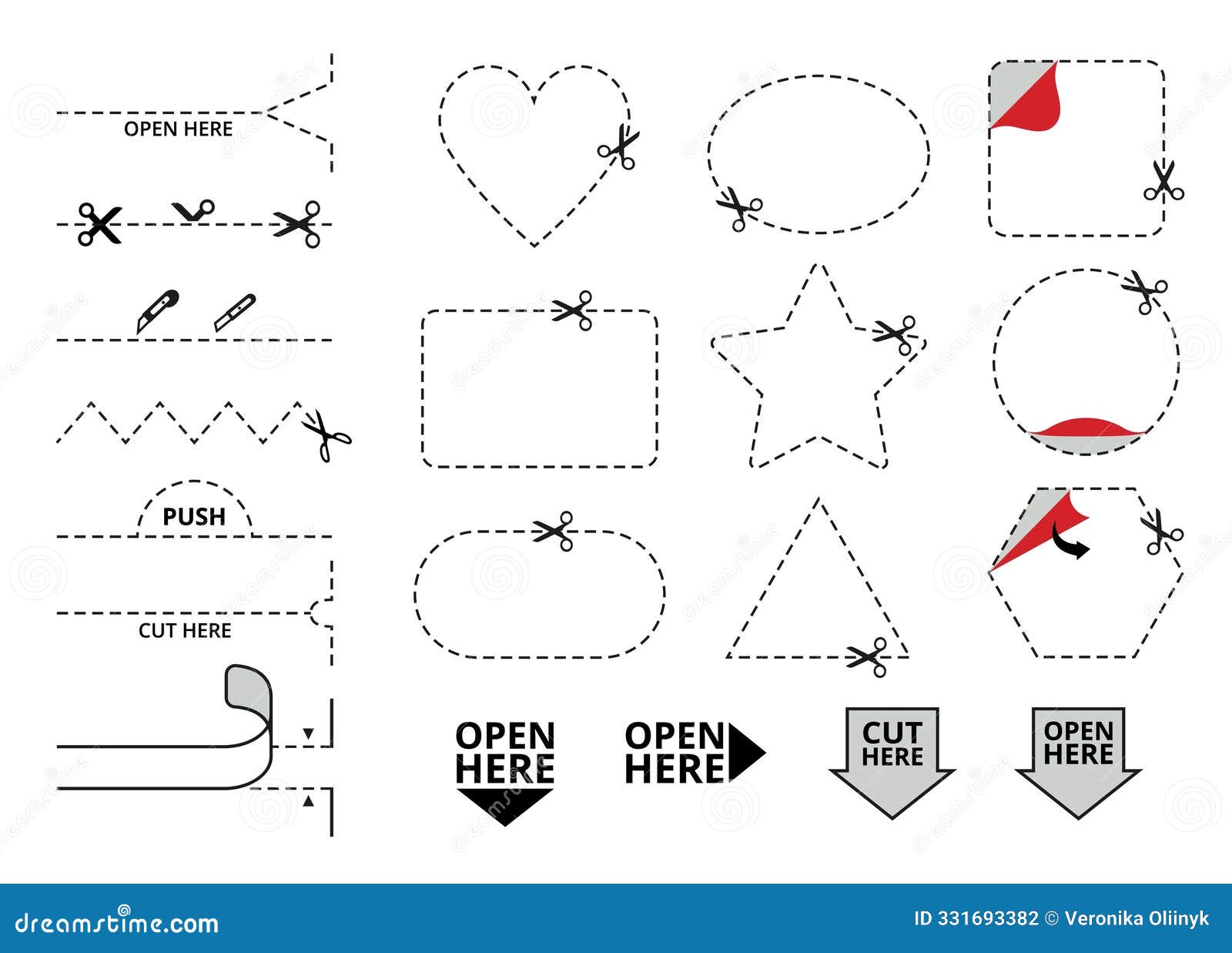 Dashed Cut Lines. Cut Here Icon, Peel Corner Stickers and Open Here ...