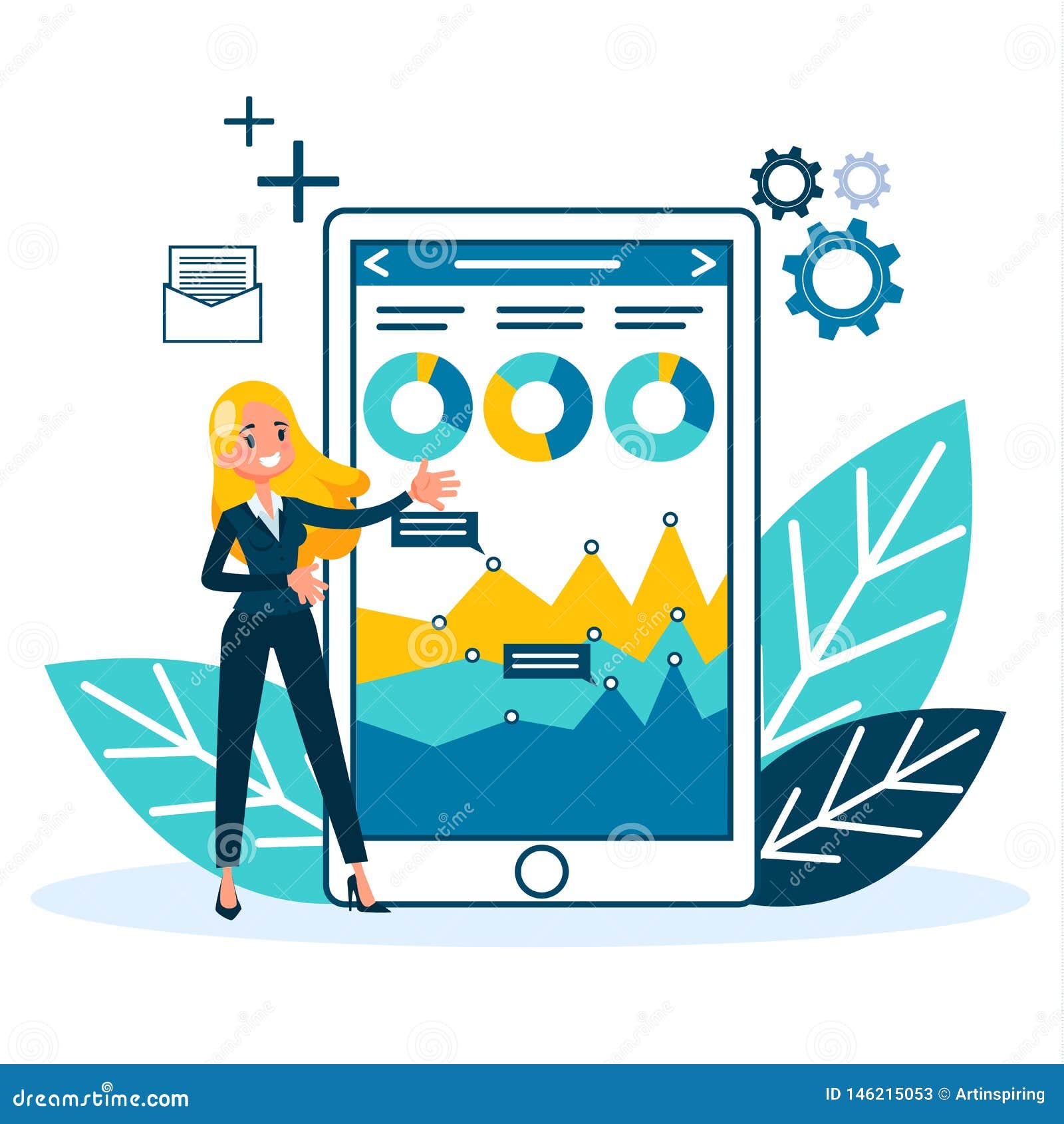 Data Analysis and Analytics Concept. Woman Stand Stock Vector ...
