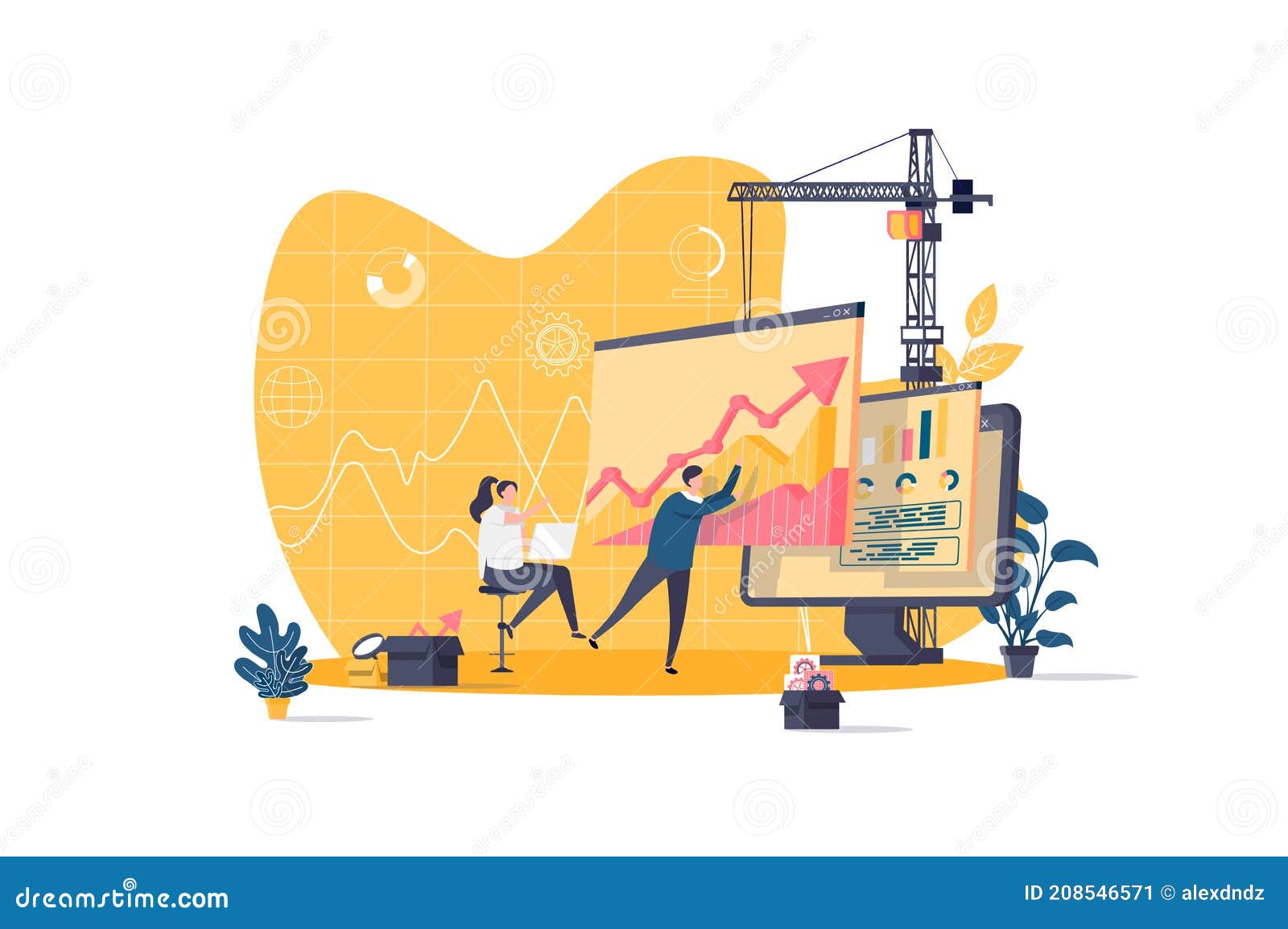 Data Analysis Concept in Flat Style. Analyst Analyzing Growing Diagram Scene Stock Vector ...