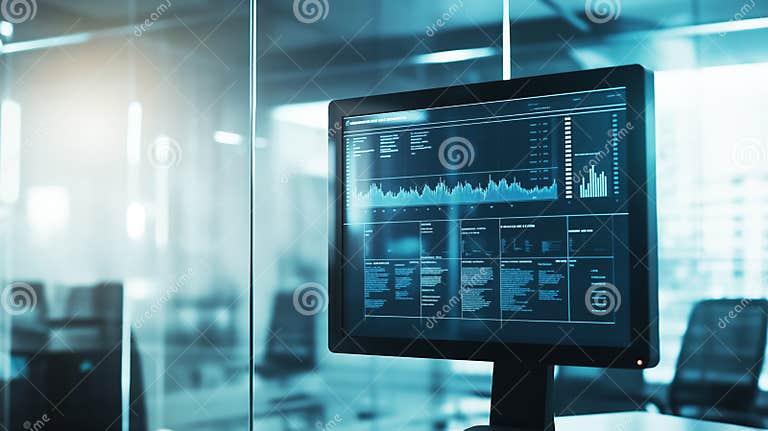 Data Analysis Dashboard Displayed on a Large Screen in the Office. Business Intelligence and ...
