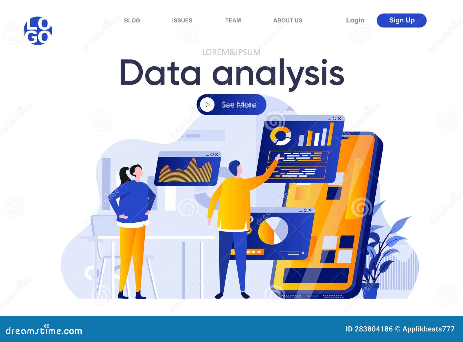 Data Analysis Flat Landing Page. People Using Mobile Application with ...