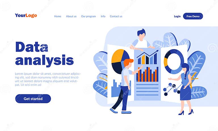 Data Analysis Flat Landing Page Template with Header. Analytics and ...