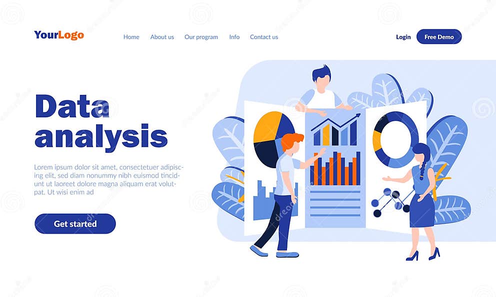 Data Analysis Flat Landing Page Template with Header. Analytics and ...