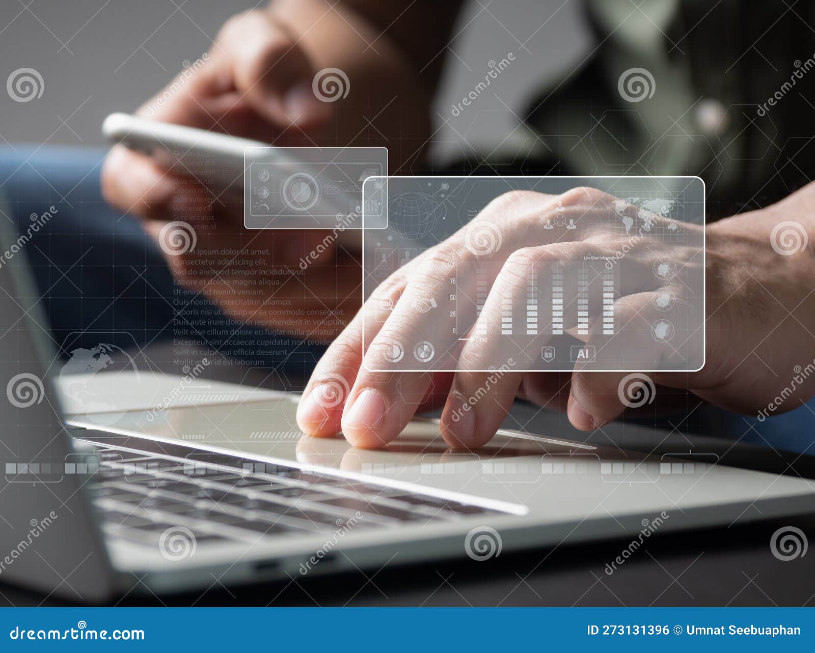 Data Analysis. on a Futuristic Virtual Interface Screen, a Man ...