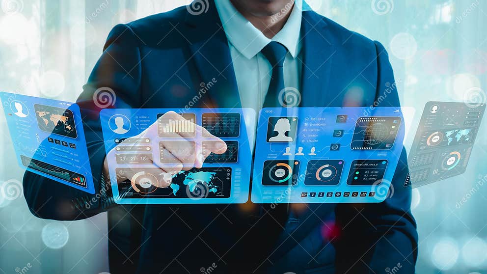 Data Analysis. on a Futuristic Virtual Interface Screen, a Man ...