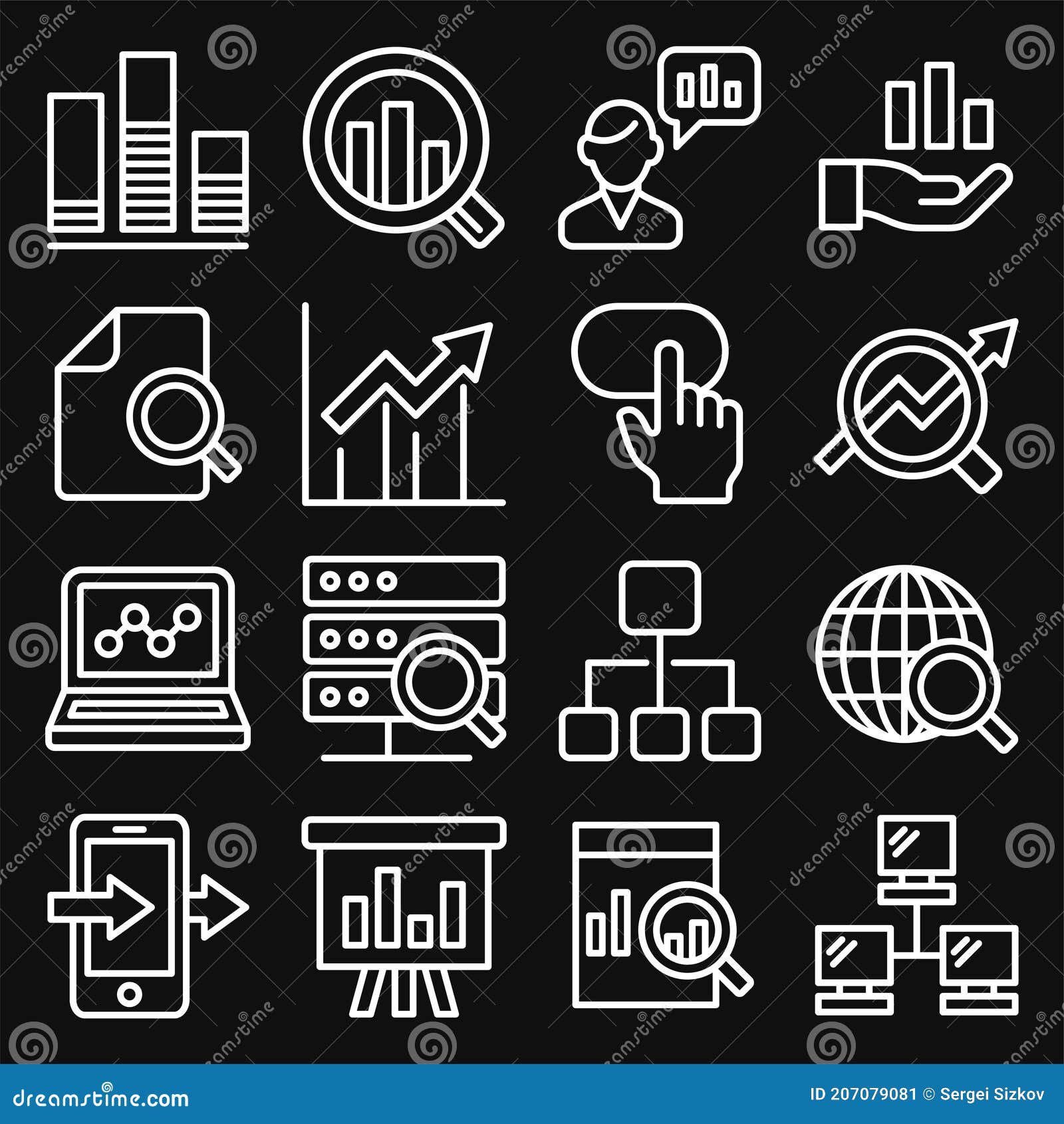 Data Analysis Icons Set on Black Background. Line Style Vector Stock ...