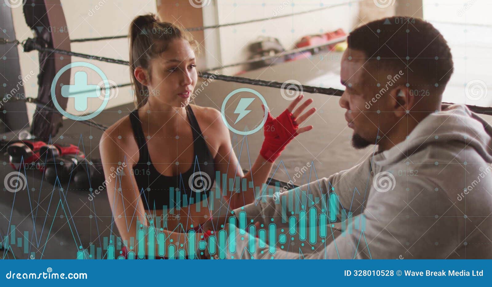 Data Analysis Image Over Two Athletes Discussing in Boxing Ring Stock ...