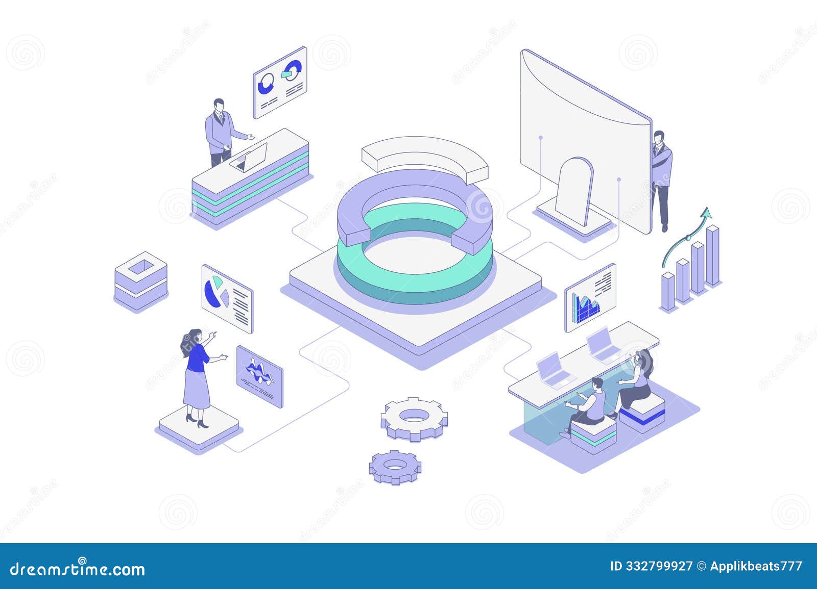 Data Analysis Isometric Concept in Outline Isometry Design for Web. People Studying Diagram and ...