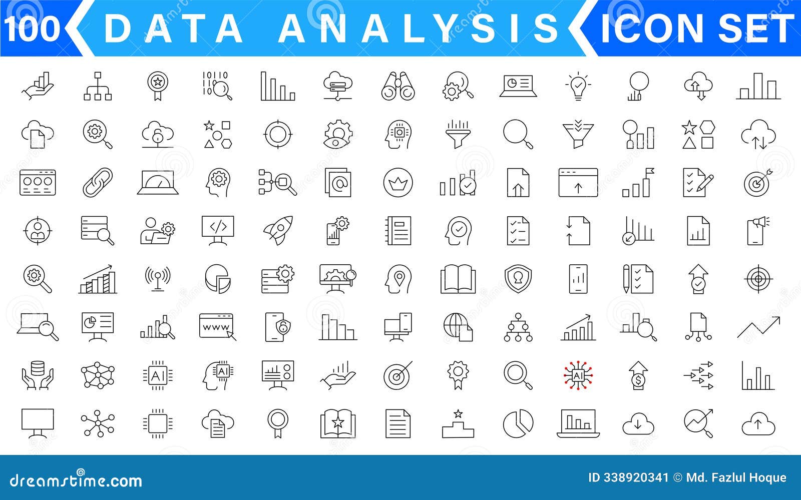 Data Analysis Line Icons Set. Analytics, Server, Mining, Data Filter, Traffic, AI, Hosting ...