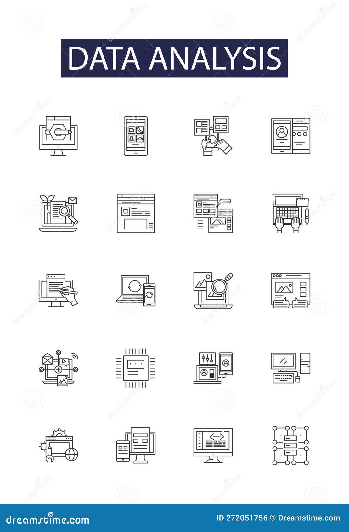 Data Analysis Line Vector Icons and Signs. Mining, Visualizing, Modelling, Investigating ...