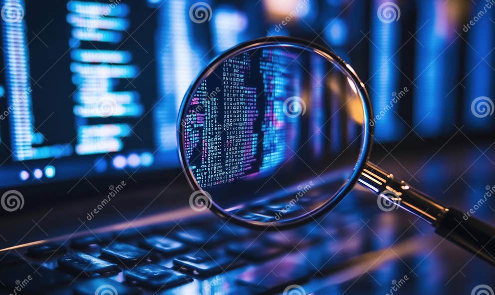 Data Analysis through Magnifying Glass Revealing Code on Computer ...