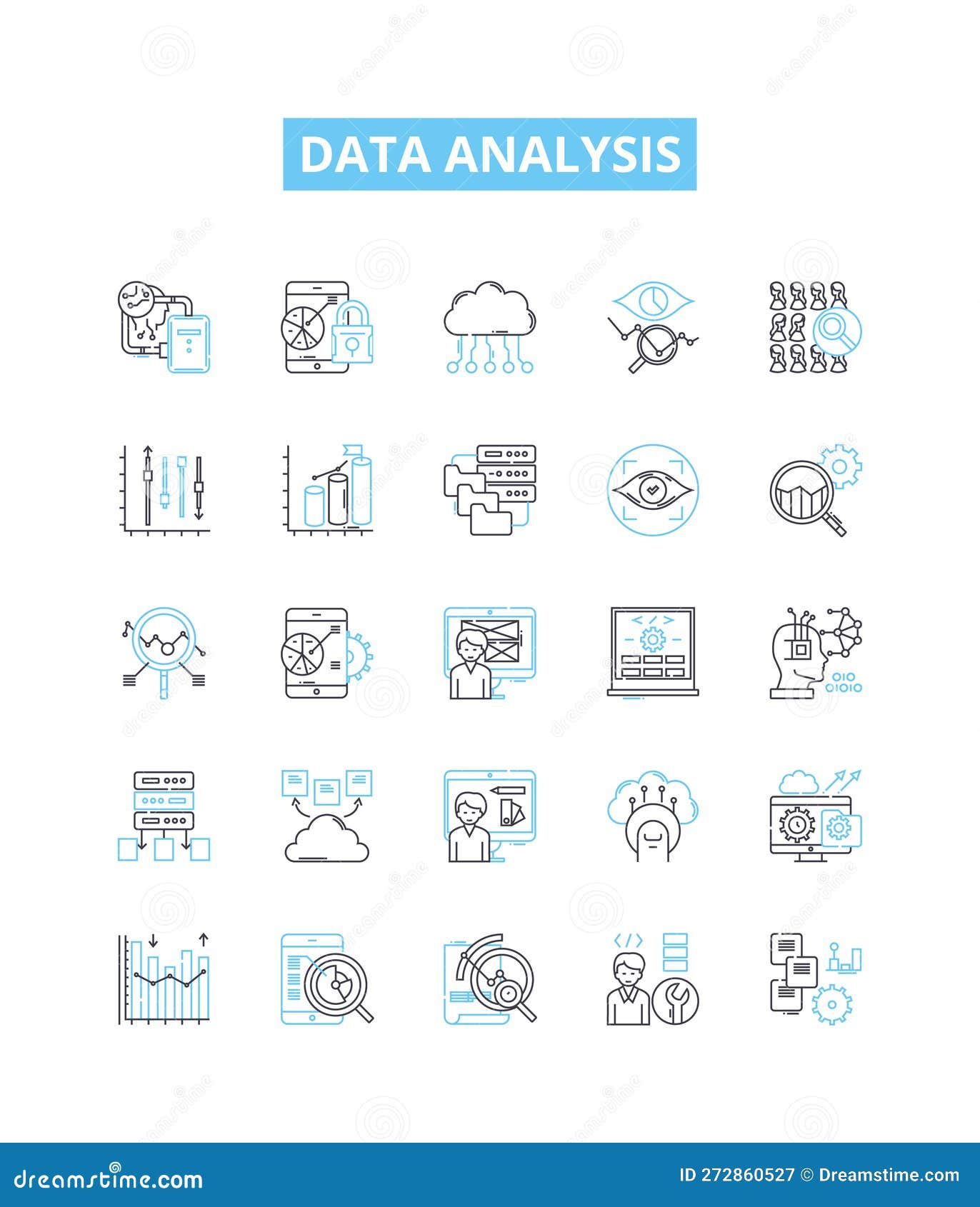 Data Analysis Vector Line Icons Set. Analytics, Mining, Exploration, Modeling, Visualization ...