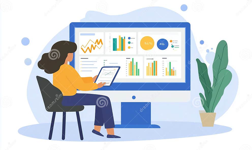 Data Analysis and Visualization on Large Screen with Woman Using Tablet, Charts and Graphs ...