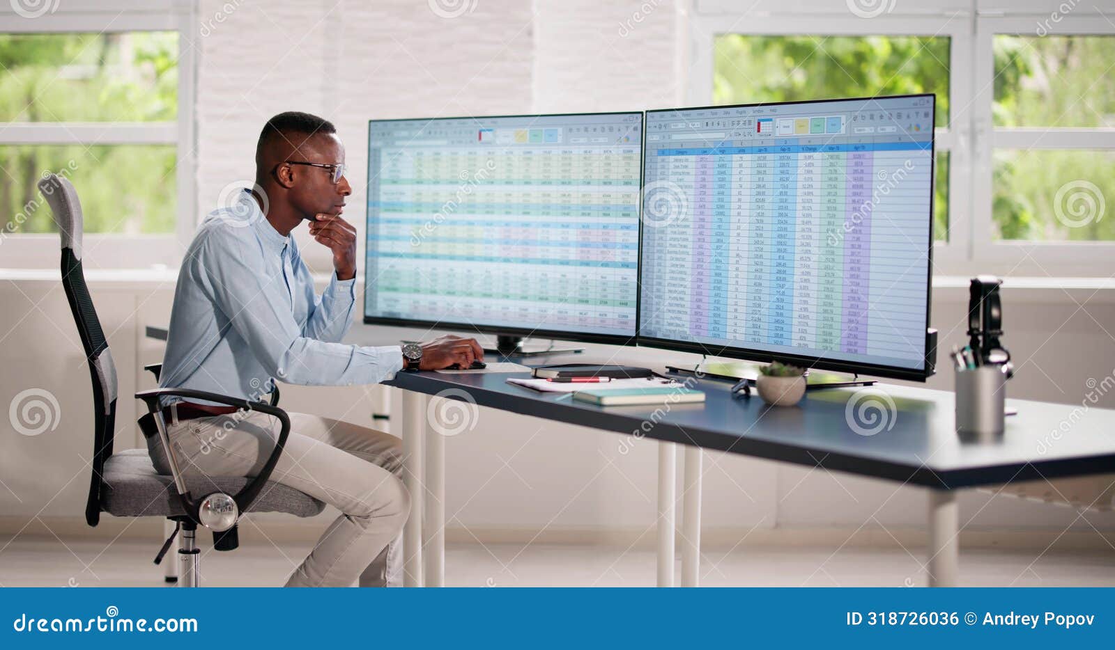 Data Analyst African Man Using Spreadsheet Stock Photo - Image of coder ...