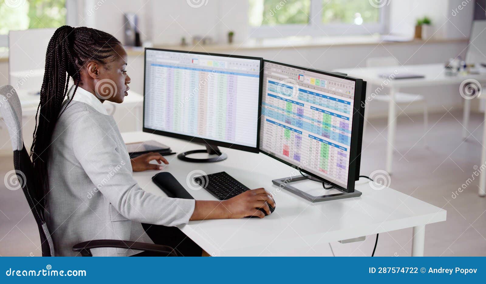 Data Analyst African Woman Using Spreadsheet Stock Photo - Image of ...