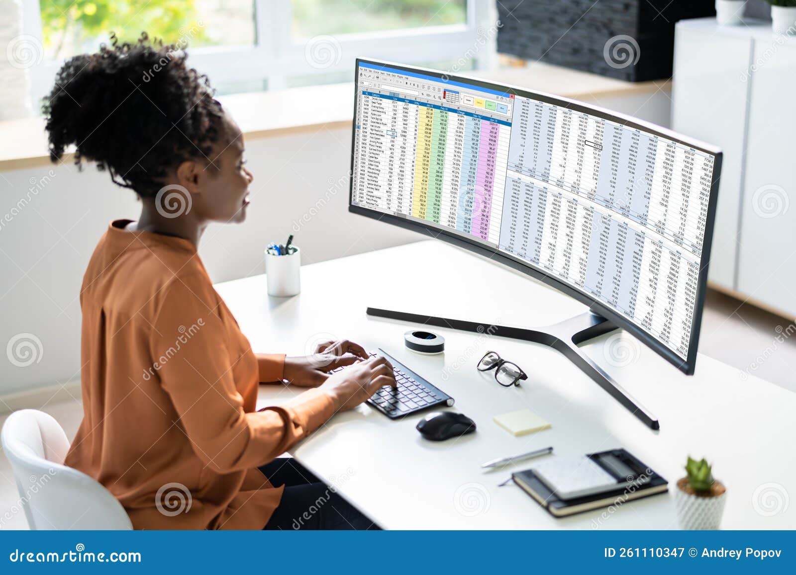 Data Analyst African Woman Using Spreadsheet Stock Image - Image of ...