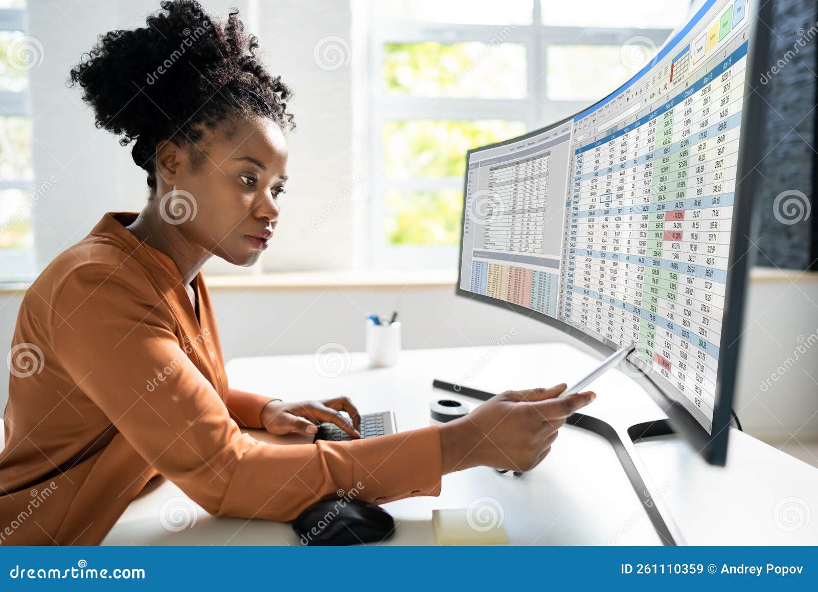 Data Analyst African Woman Using Spreadsheet Stock Image - Image of ...