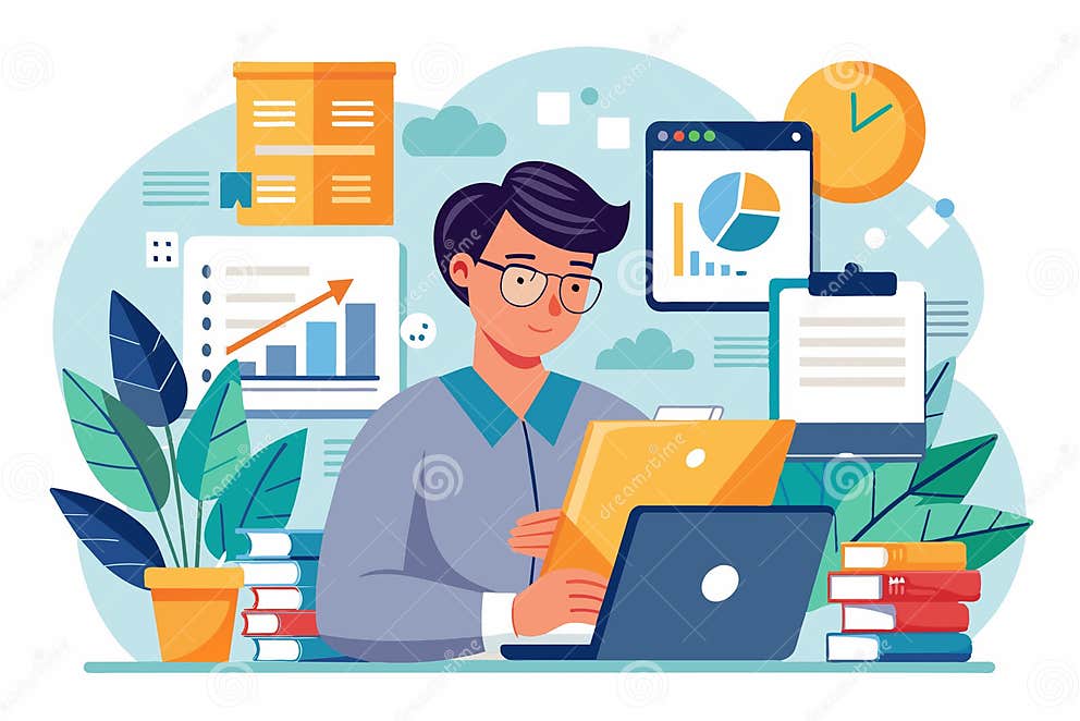 A Data Analyst Examines Printed Documents while Working on a Laptop ...